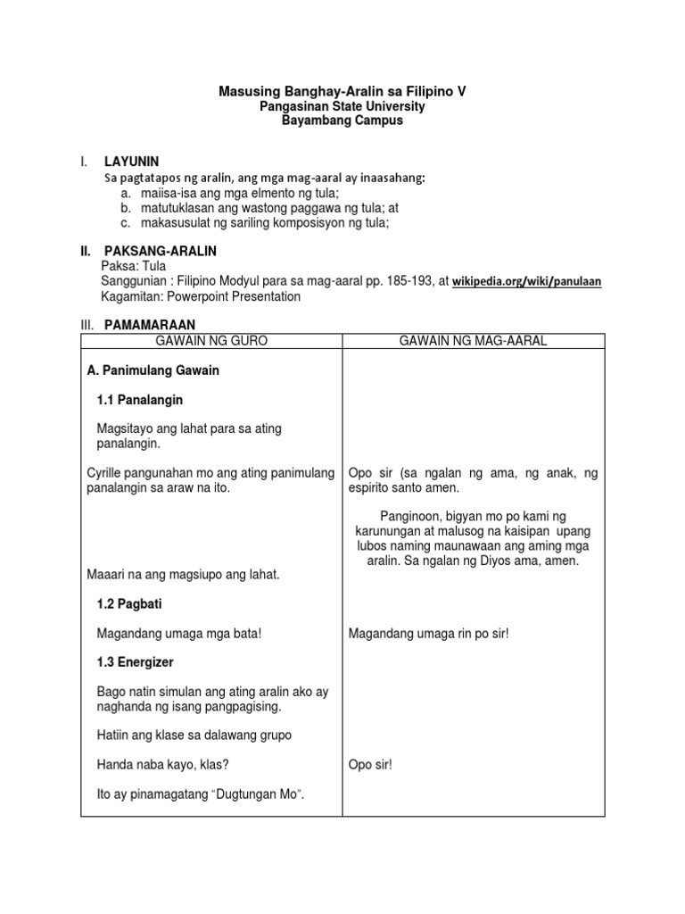 Masusing Banghay Aralin Sa Filipino V | PDF