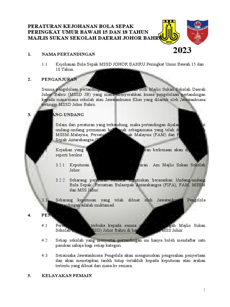 Peraturan Pertandingan Bola Sepak MSSD JB 2023 | PDF