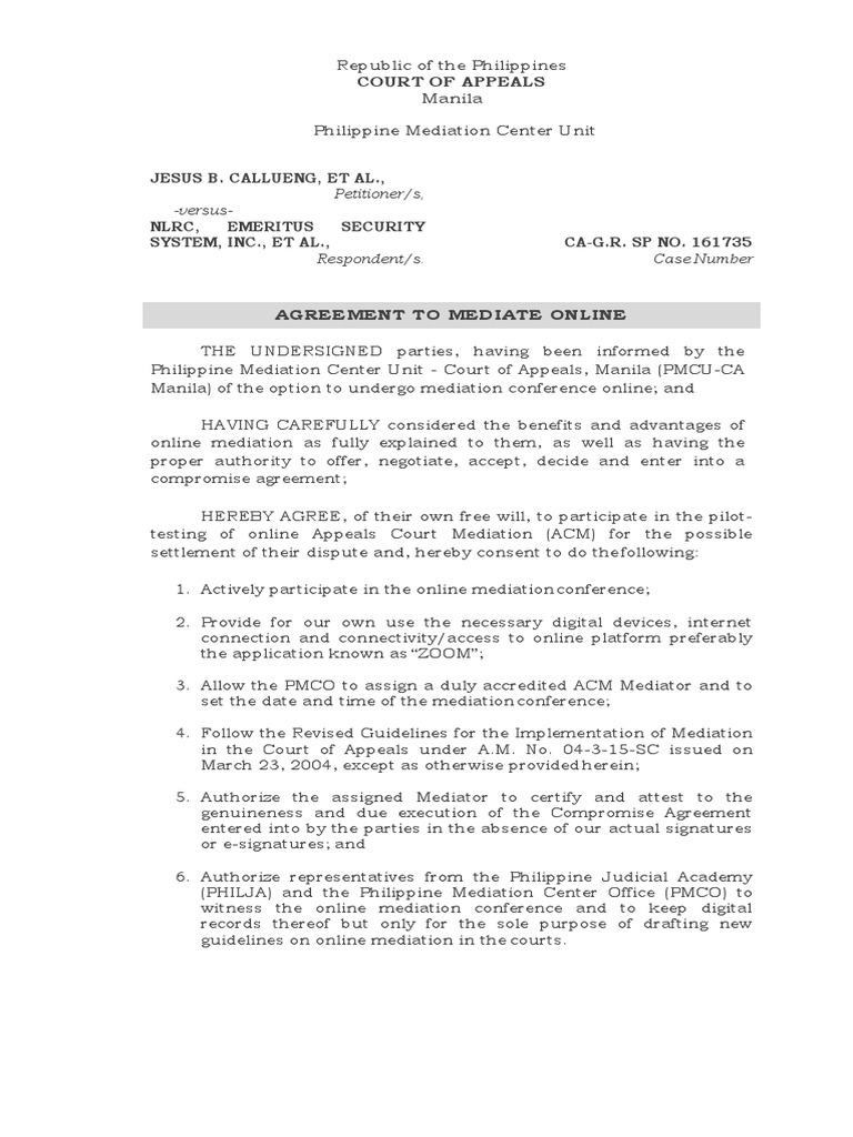 CA Mediation Form - Callueng | PDF | Mediation | Non Disclosure Agreement