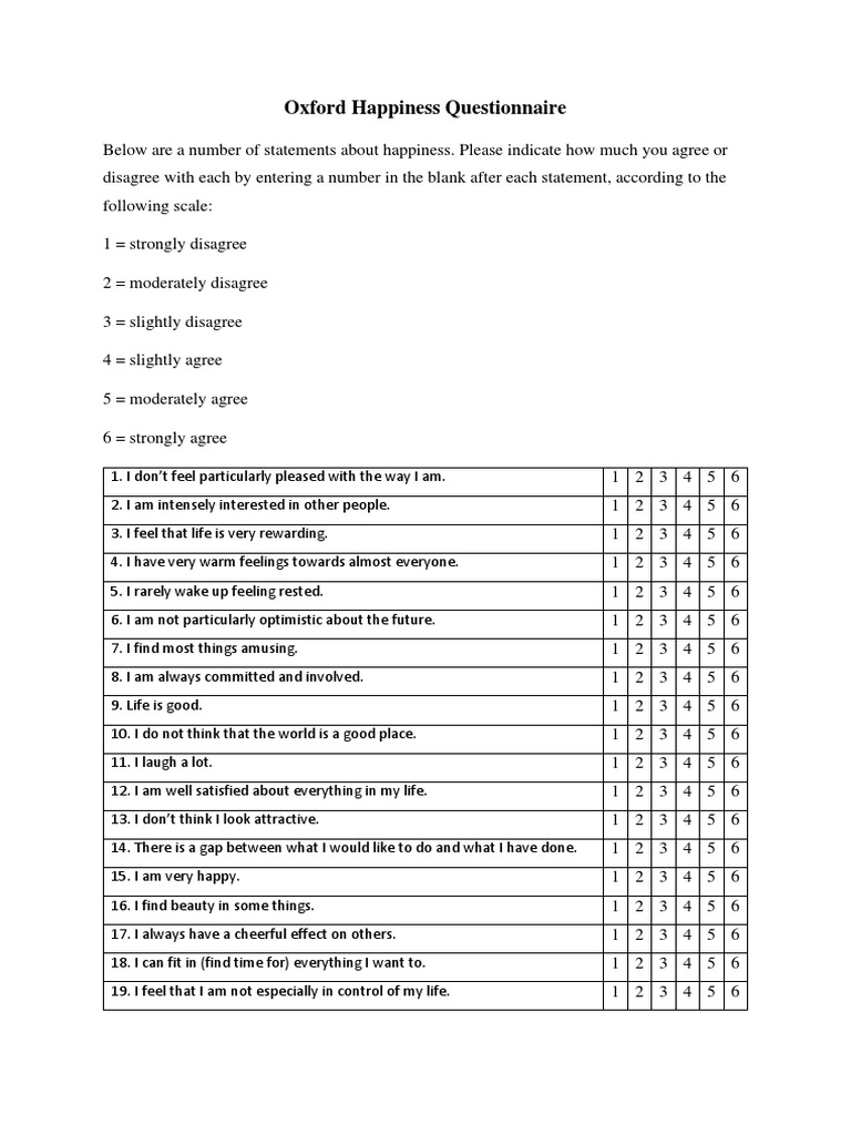 Oxford Happiness Questionnaire | Download Free PDF | Psychology ...
