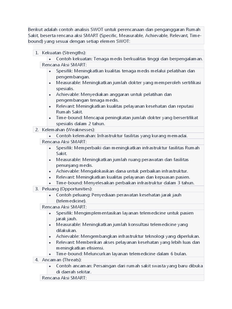 Analisis SWOT dan Rencana Aksi Rumah Sakit | PDF | Bisnis