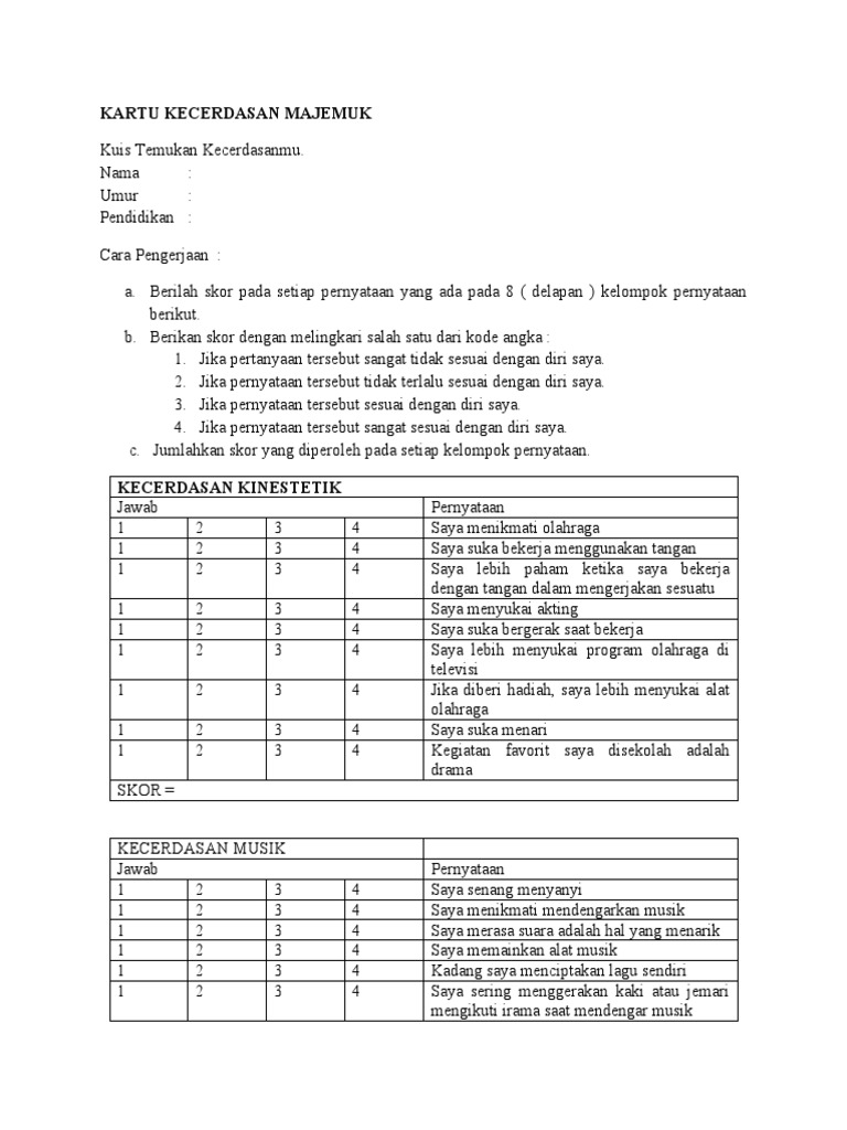 1 Form Kartu Kecerdasan Majemuk | PDF