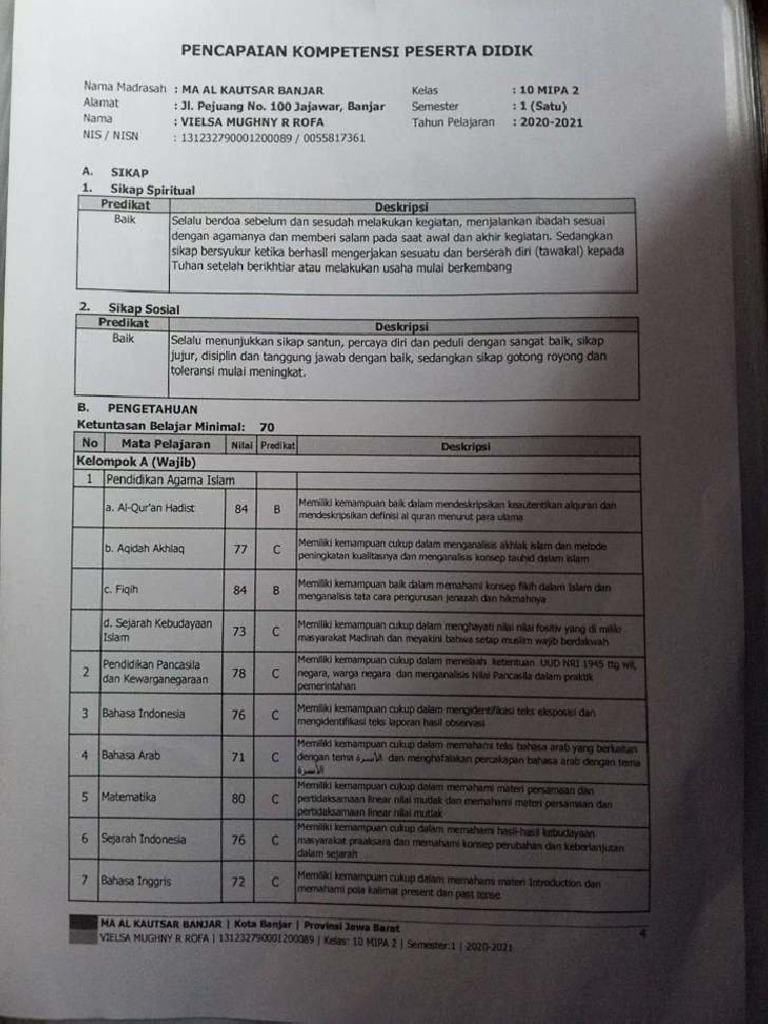 Nilai Rapot Semester 1 - 2 | PDF