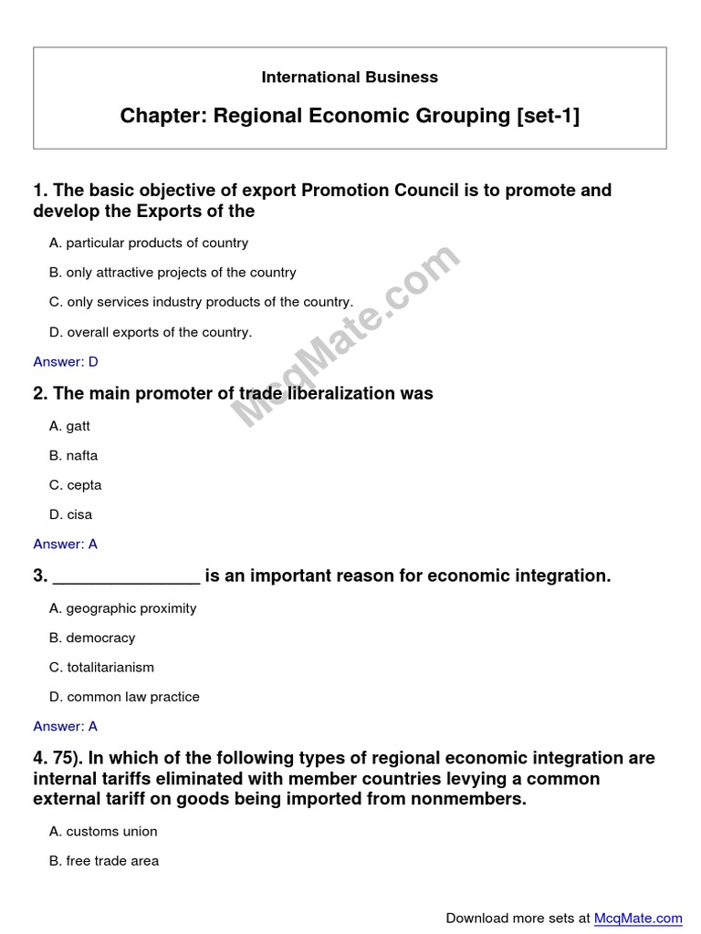 International Business (Regional-economic-grouping [Set-1]) Solved MCQs McqMate.com | PDF ...