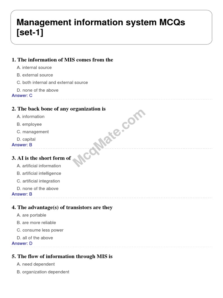 Management information system Solved MCQs [set-1] McqMate.com | PDF | Decision Support System ...