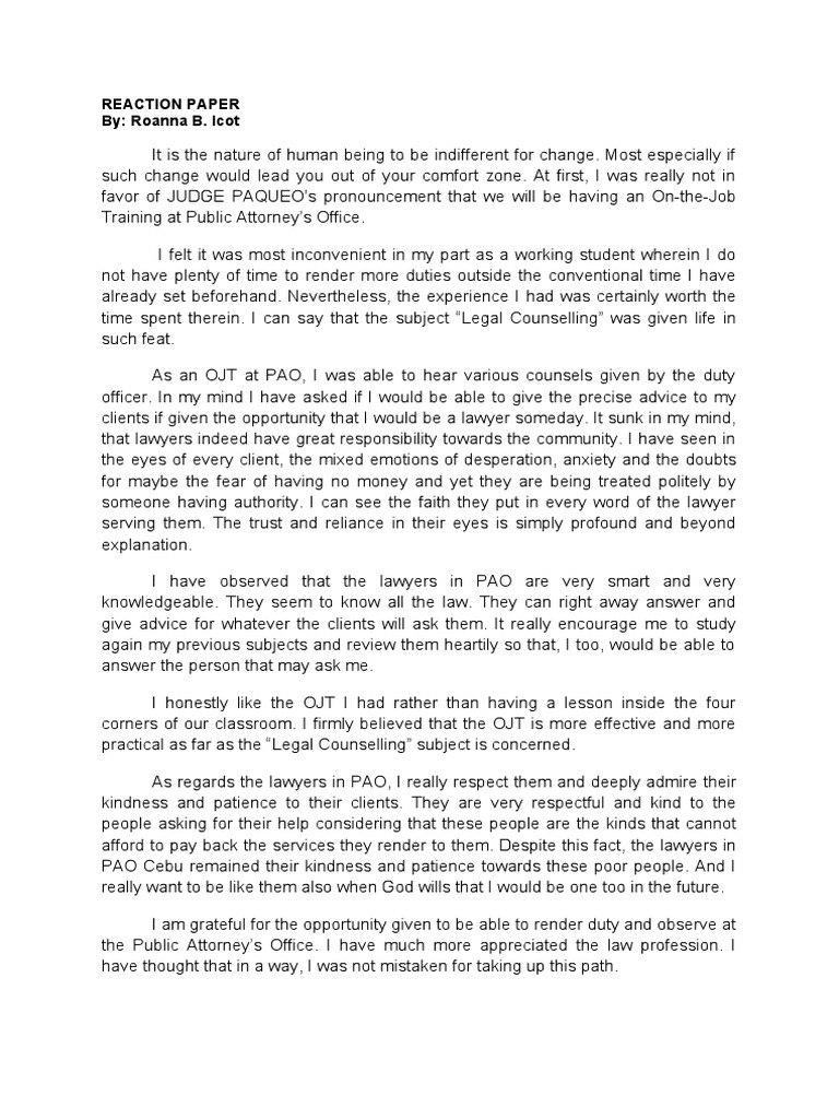 Reaction Paper (PAO OJT) | Download Free PDF | Lawyer