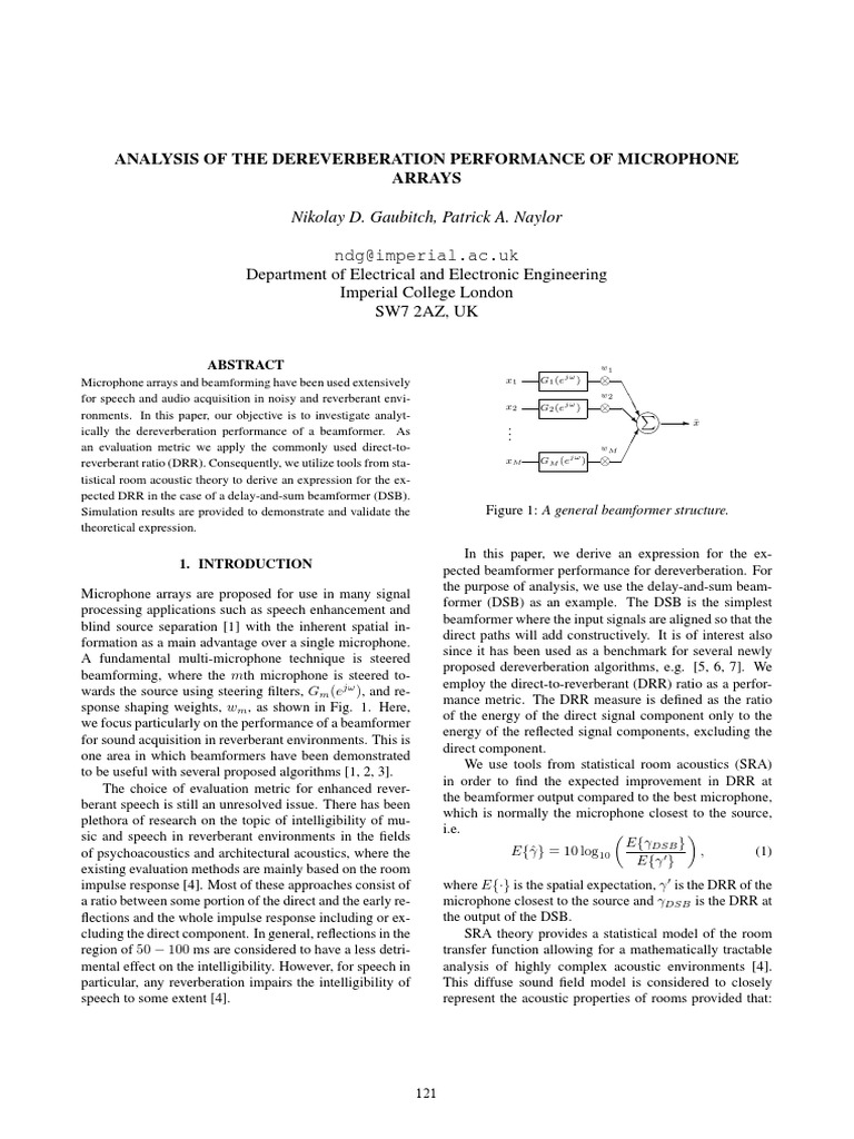 Gaubitch - Analysis of The Dereverberation Performance of Microphone Arrays | PDF | Microphone ...