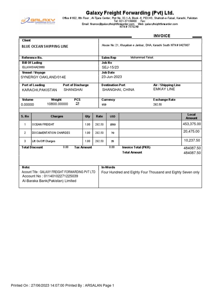 Blue Ocean Invoice | PDF | Freight Transport | Transport