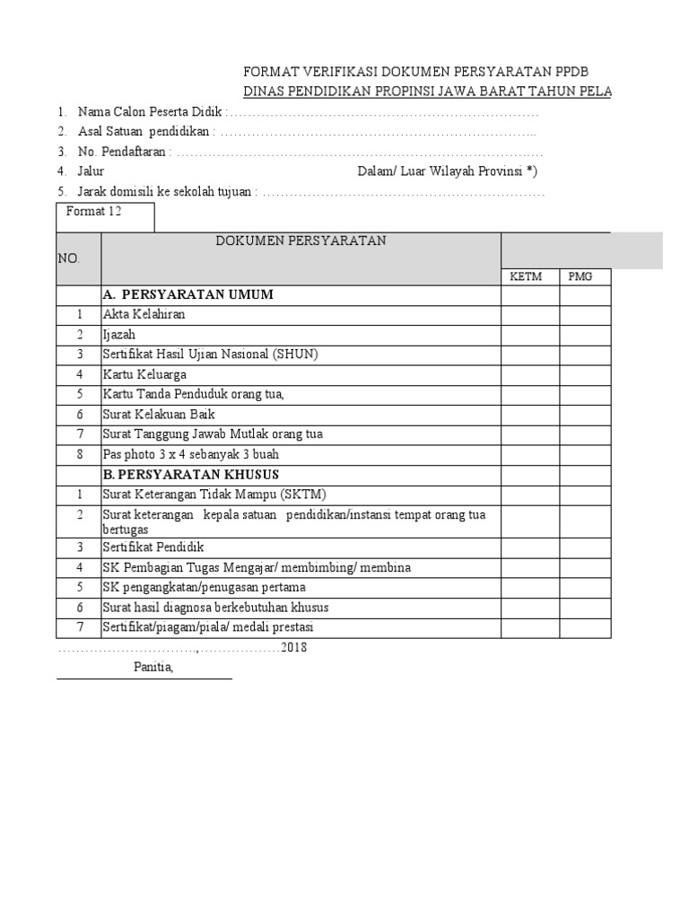 Format Verifikasi Dokumen Persyaratan PPDB | PDF