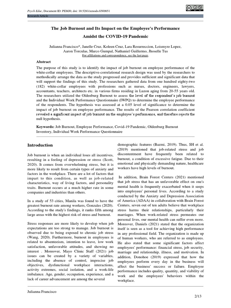 The Job Burnout and Its Impact On The Employee's Performance Amidst The ...