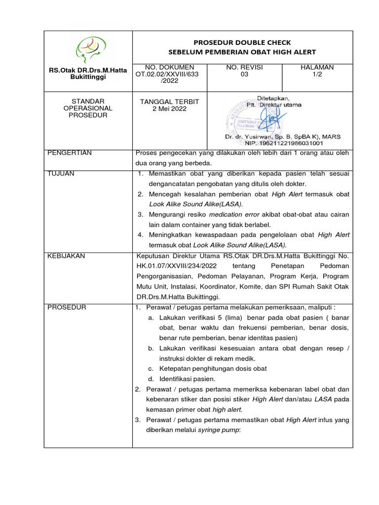 SKP 3 Sop Prosedur Double Check Sebelum Pemberian High Alert | PDF