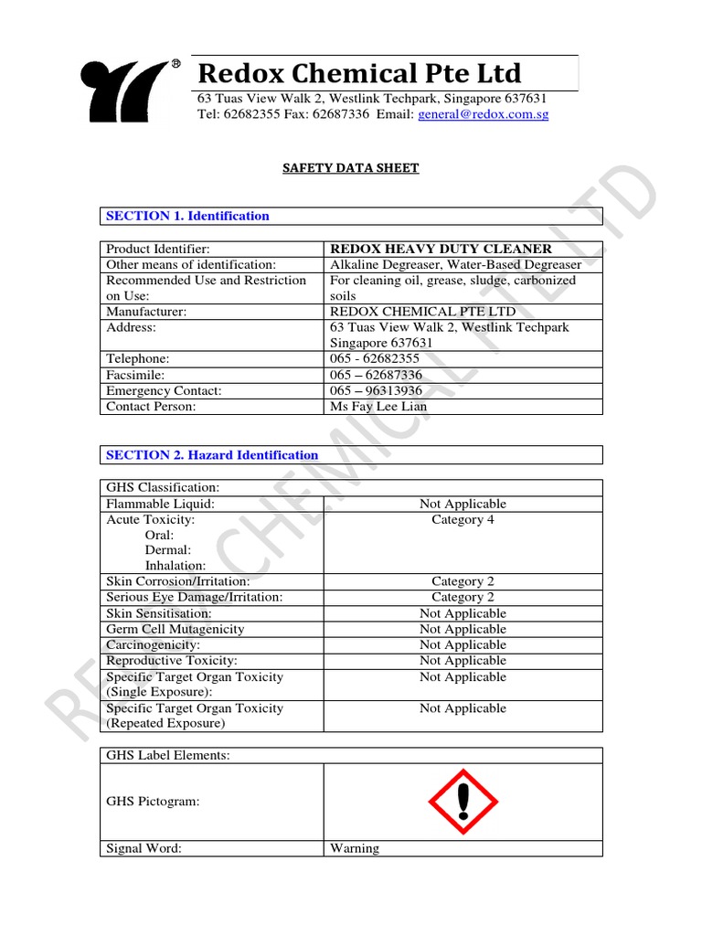 SDS (Redox Heavy Duty Cleaner) 2018 R1 | PDF | Toxicity | Personal Protective Equipment