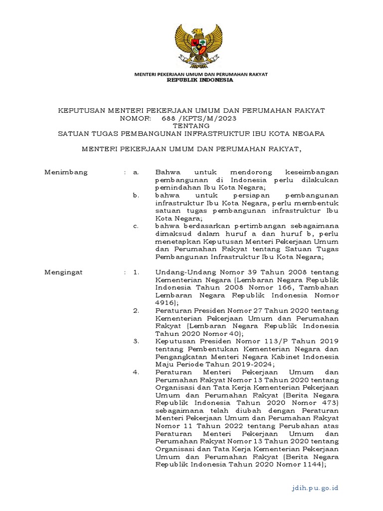 IND-Kepmenpupr 688-Kpts-M-2023 Satgas Pembangunan Infrastruktur IKN | PDF