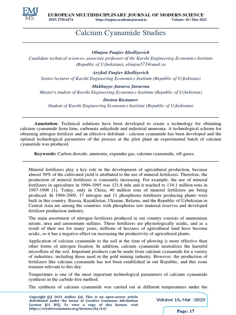 Calcium Cyanamide Studies | PDF | Ammonia | Carbon Dioxide