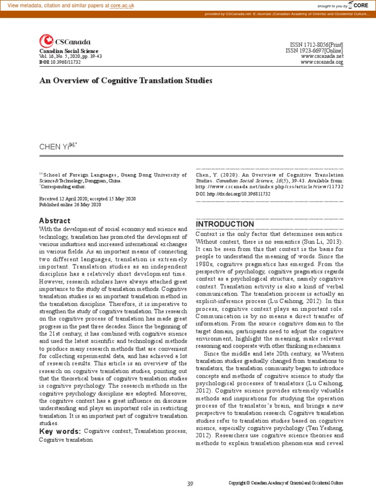An Overview of Cognitive Translation Studies | PDF | Cognitive Science ...