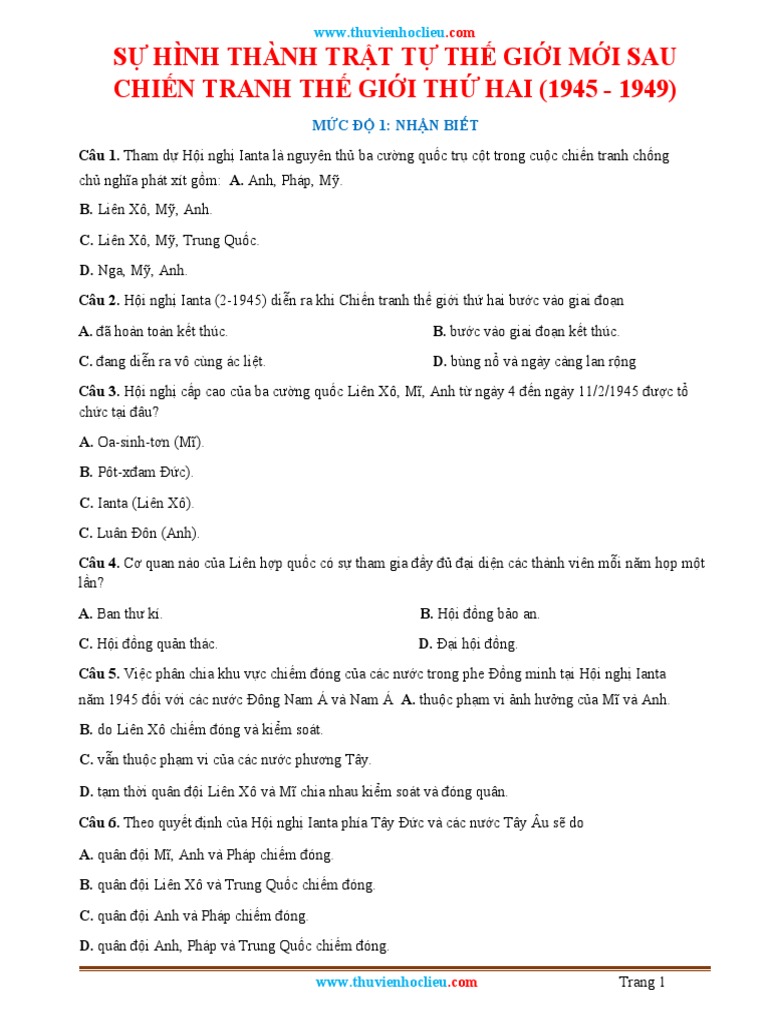 50 Cau Trac Nghiem SU HINH THANH TRAT TU The GIOI SAU CTTG THU 2 Co Dap An | PDF