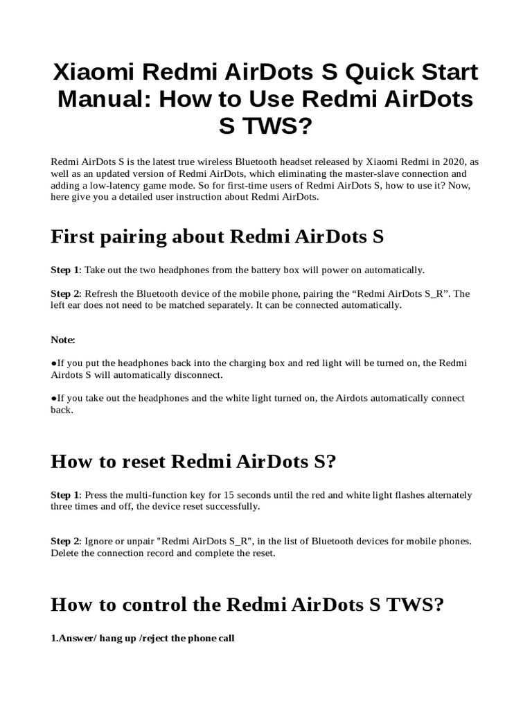 Redmi AirDots S User Manual | PDF | Headphones | Telephone