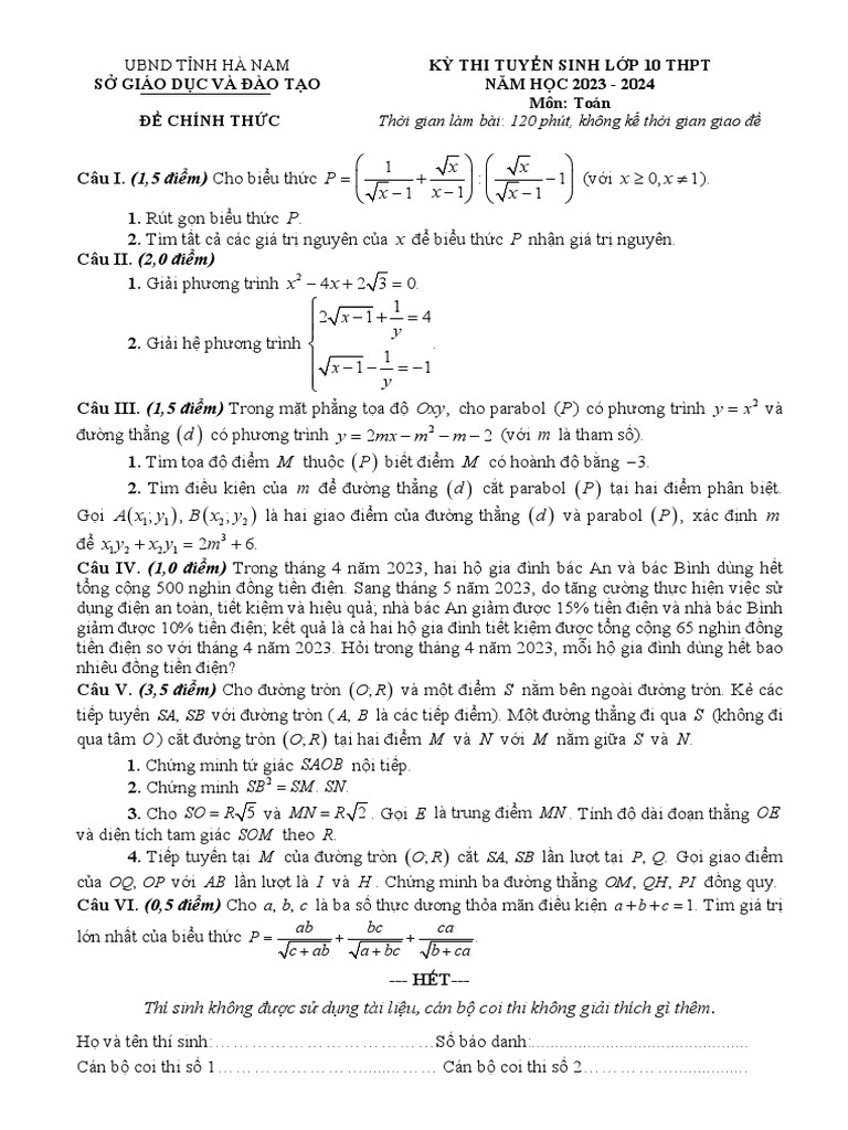 De Tuyen Sinh Lop 10 Mon Toan Nam 2023 2024 So Gddt Ha Nam | PDF