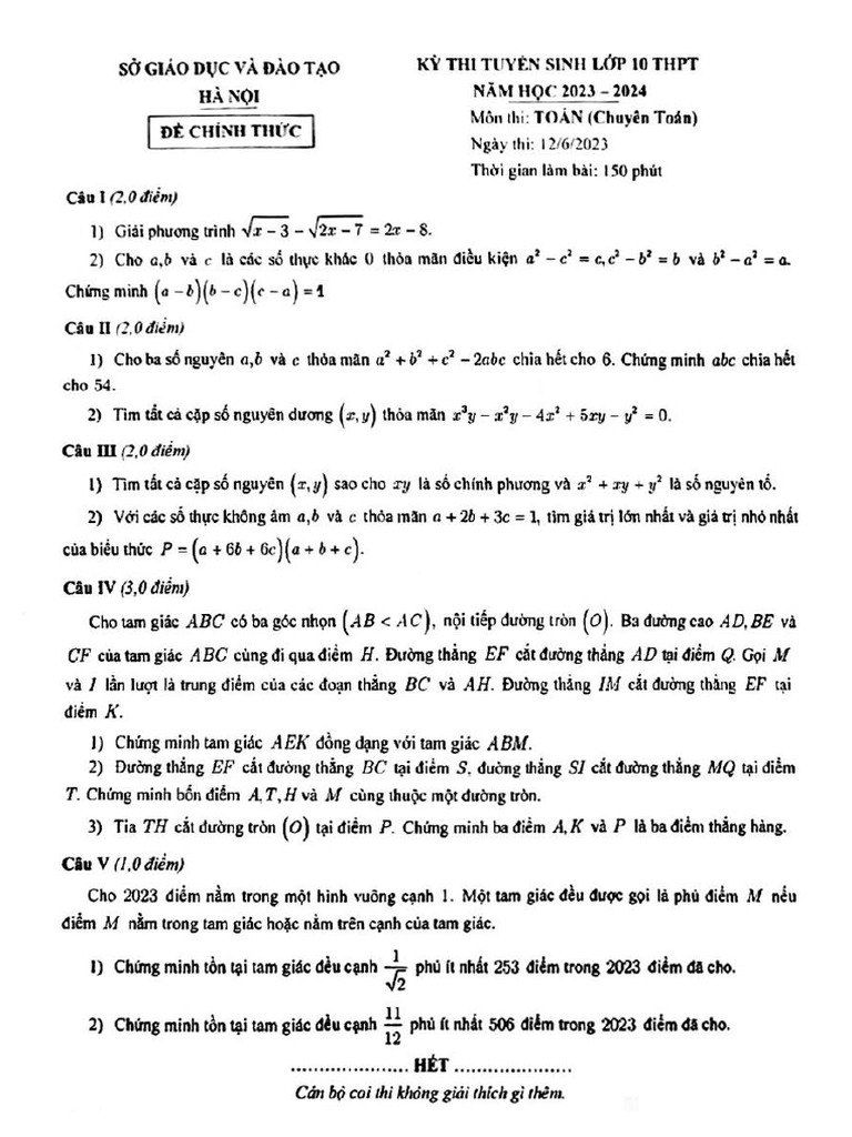 De Tuyen Sinh Lop 10 Mon Toan Chuyen Nam 2023 2024 So GDDT Ha Noi | PDF
