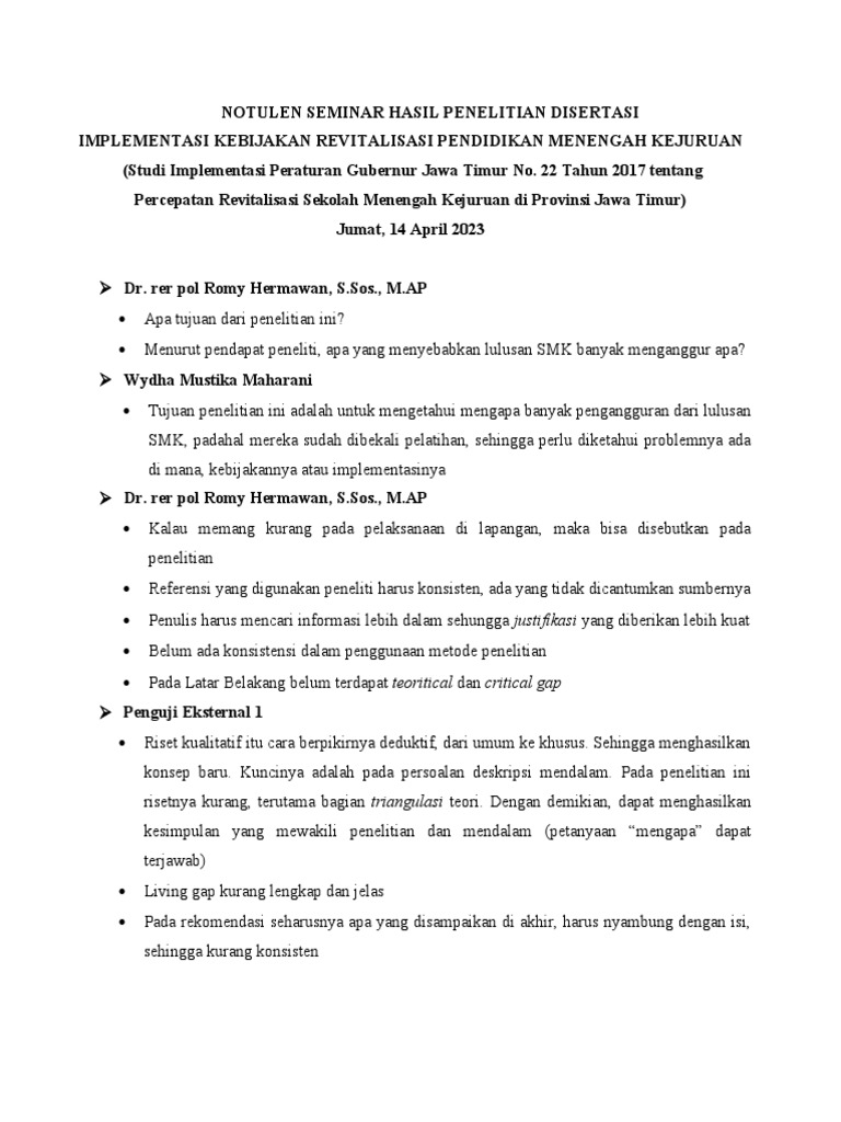 Notulen Seminar Hasil Penelitian Disertasi - 14 April 2023 | PDF ...