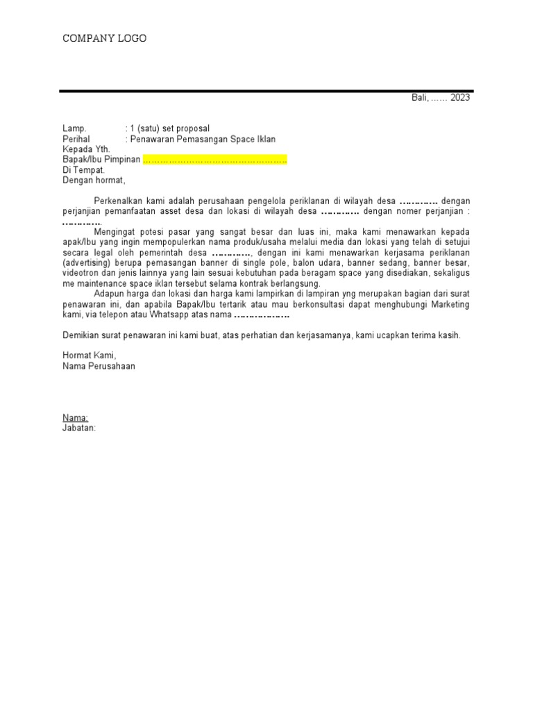 Surat Penawaran Iklan Bilingual Bahasa Indonesia & Inggris | PDF