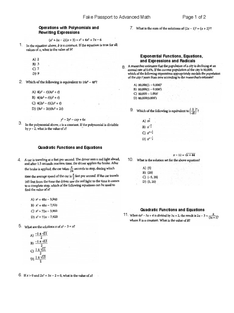 DRILL New SAT Math Fake Passport To Advanced With SOLUTIONS Part 1 ...