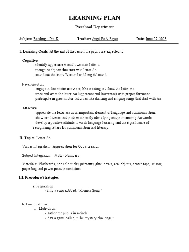 Lesson Plan - Letter A - Nursery 2 | PDF | Phonics | Communication