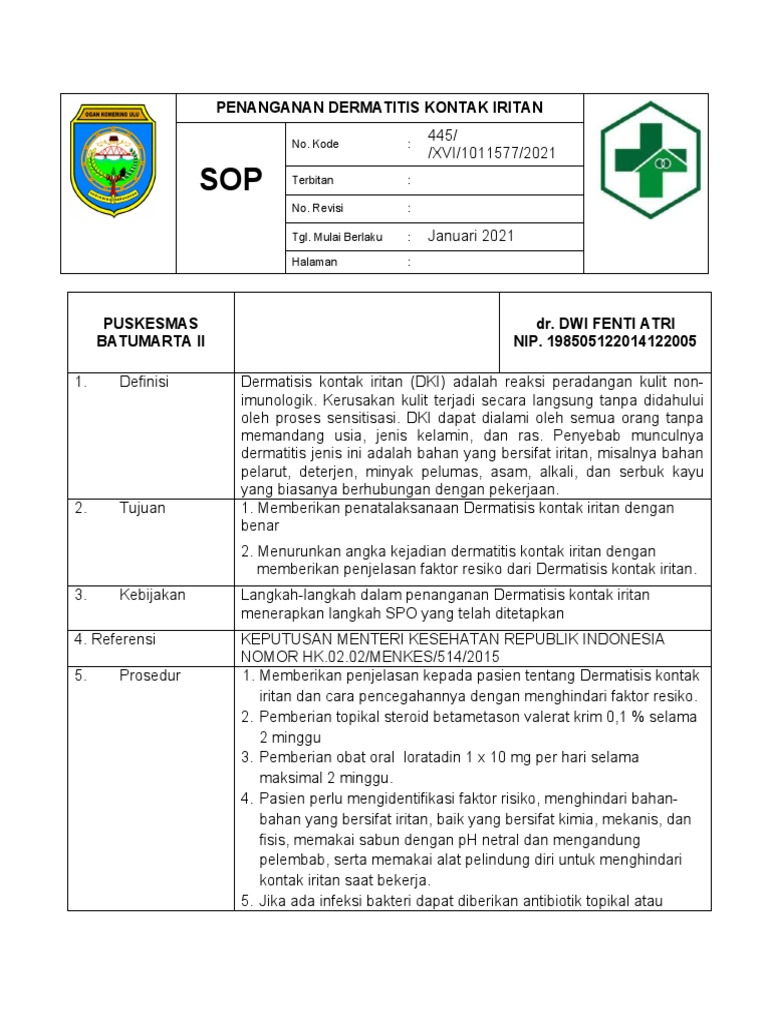 Sop Dermatitis Kontak Iritan | PDF