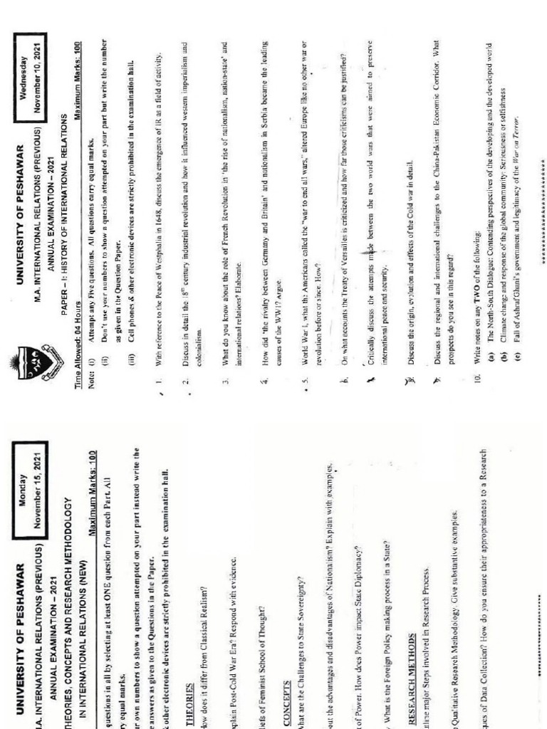 MA IR Past Papers 2021-22 | PDF