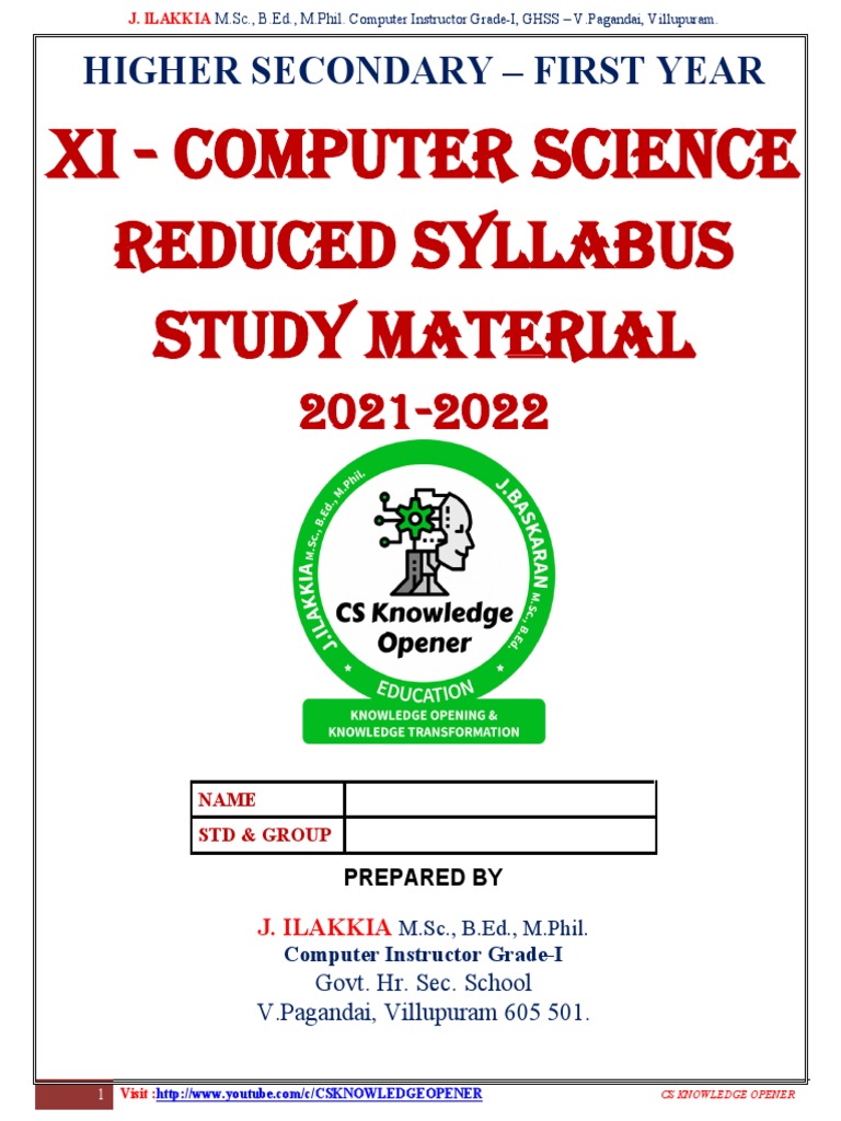 Xi - Computer Science Reduced Syllabus Study Materials 2021-2021 | PDF | Read Only Memory ...