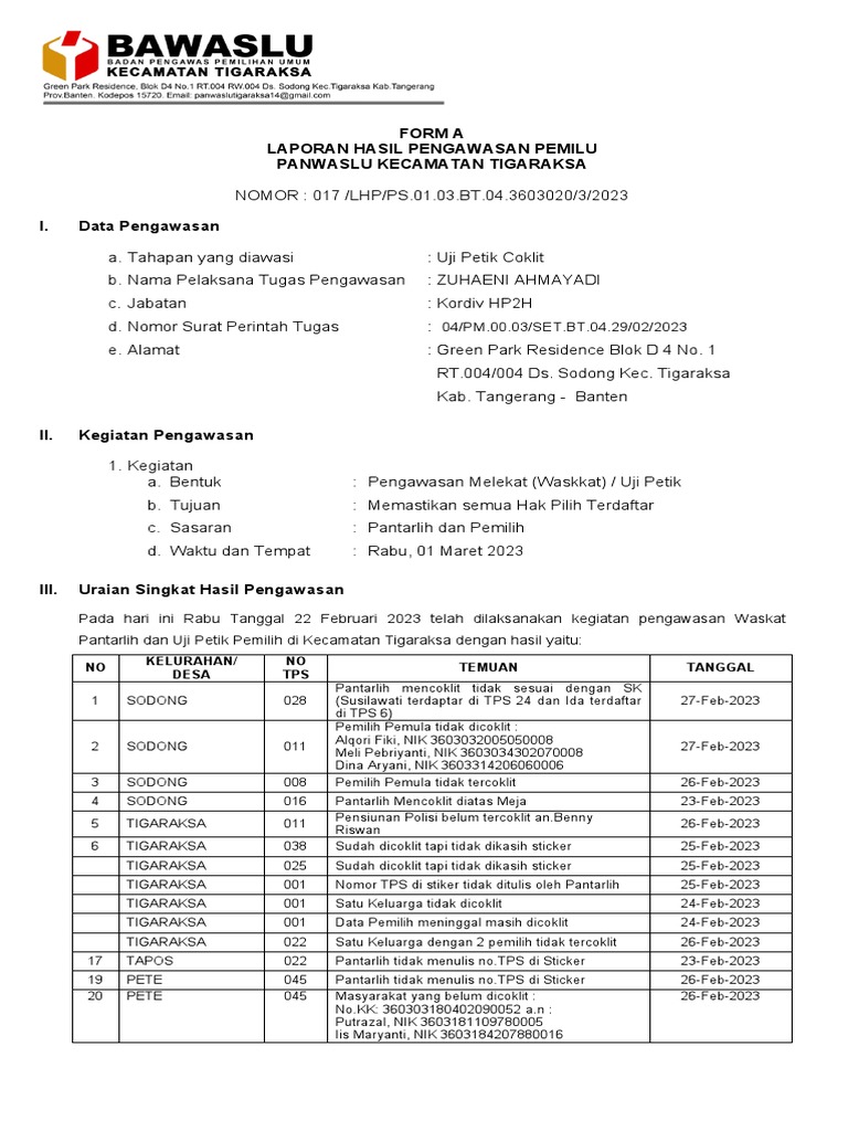 Form A Rekap Pengawasan Uji Petik 1 | PDF Form A Rekap Pengawasan Uji Petik 1 | PDF