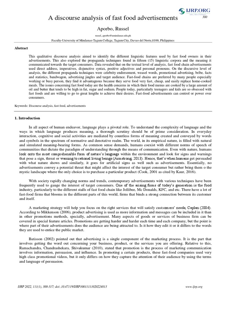 Discourse Analysis of Fast Food Ads | PDF | Linguistics | Discourse