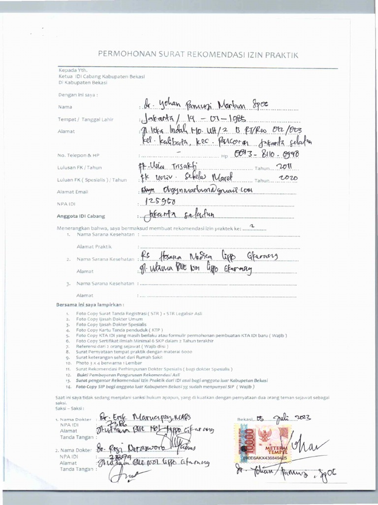 Dokumen Permohonan Rekom Kab Bks DR - Yohan, Spog | PDF Dokumen Permohonan Rekom Kab Bks DR - Yohan, Spog | PDF
