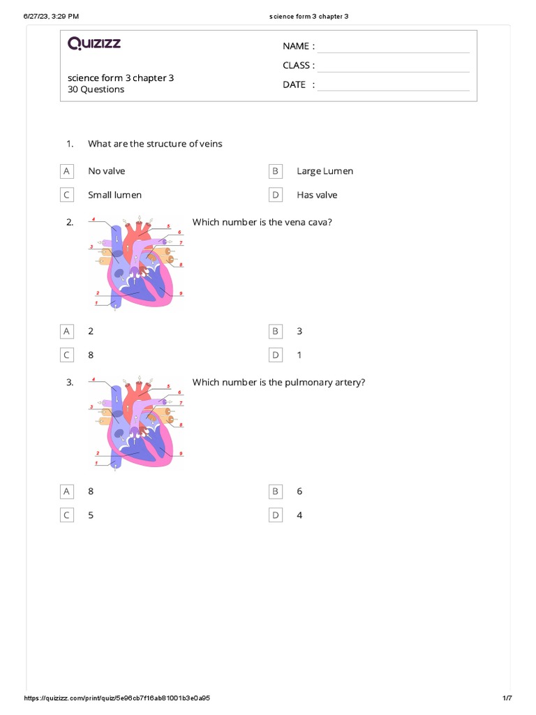 Science Form 3 Chapter 3 Test | Download Free PDF | Atrium (Heart) | Heart