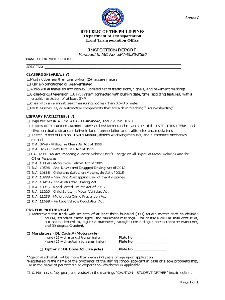 ANNEX I - Inspection Report | PDF | Land Transport | Vehicles