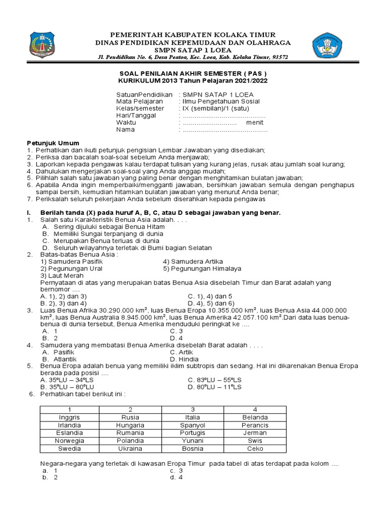 6h Soal PAS Kls 9 S 1 IPS K 13 | PDF