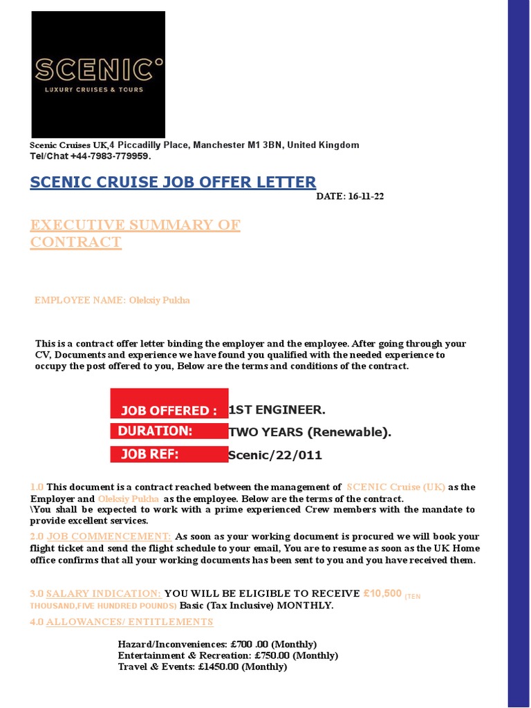 Scenic Cruises Appointment Letter | PDF | Employment | Salary