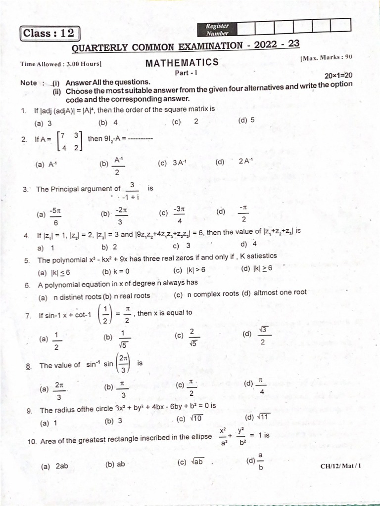 Std 12 Mathematics Quarterly 2023 | PDF