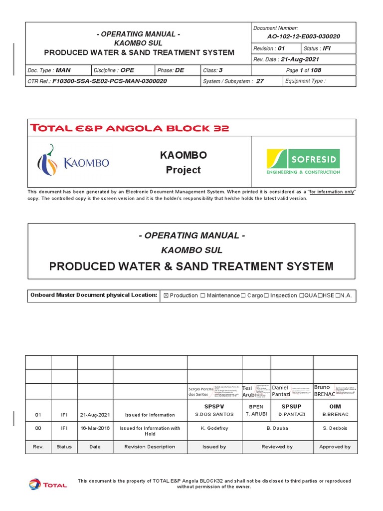 Kaombo Sul Produced Water Manual | PDF | Valve | Water