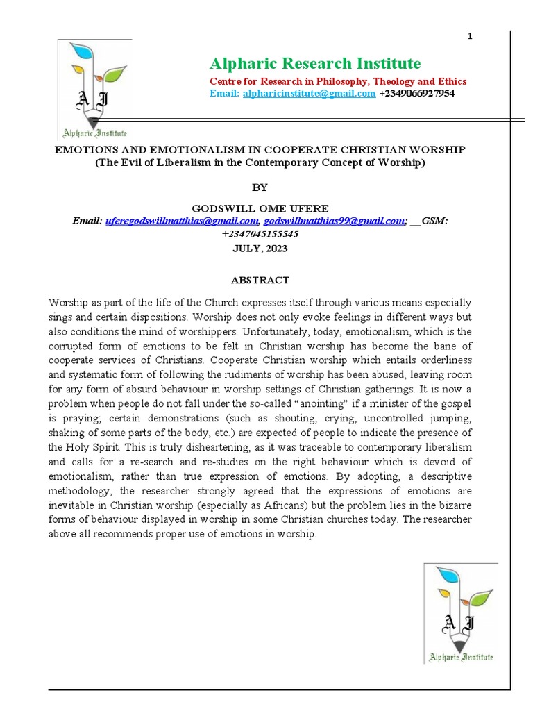 Emotions and Emotionalism in Christian Worship | PDF