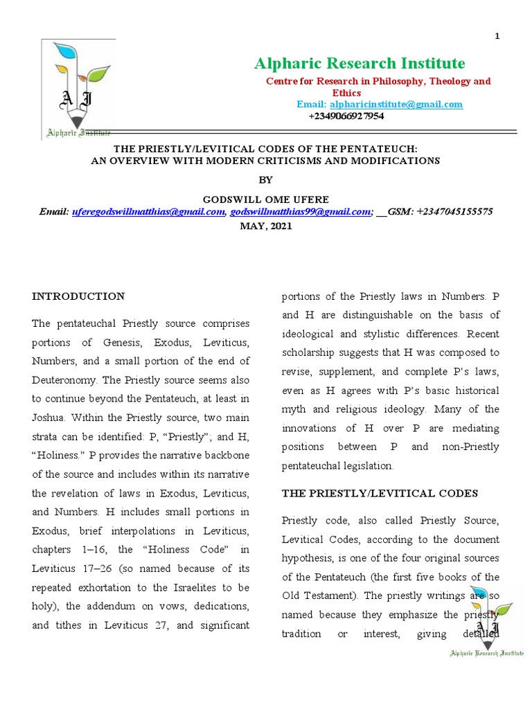 Overview of Priestly Codes in the Pentateuch | PDF | Book Of Leviticus ...
