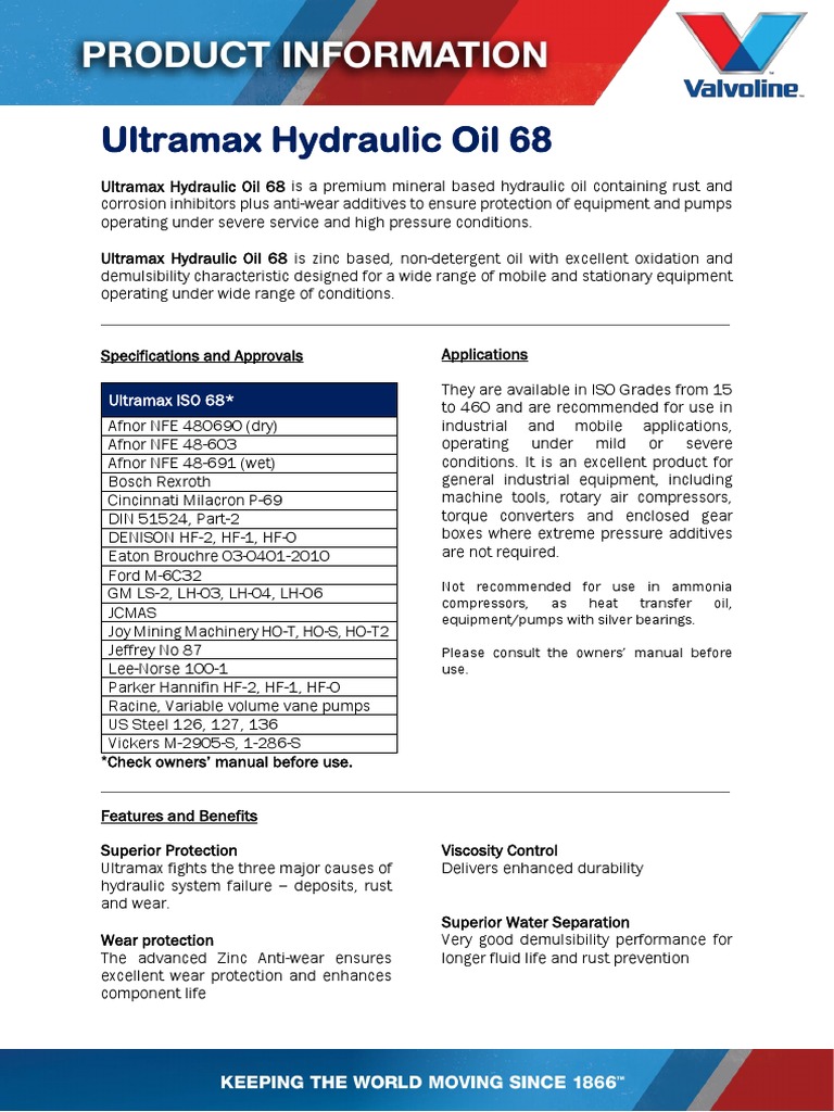 Ultramax 68 Hydraulic Oil-PI Sheet | PDF | Lubricant | Motor Oil