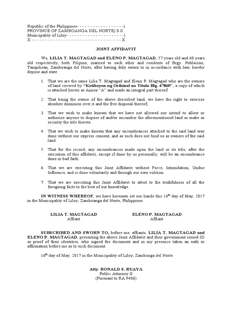 Affidavit Magtagad Land Title Loan | PDF | Affidavit | Legal Documents