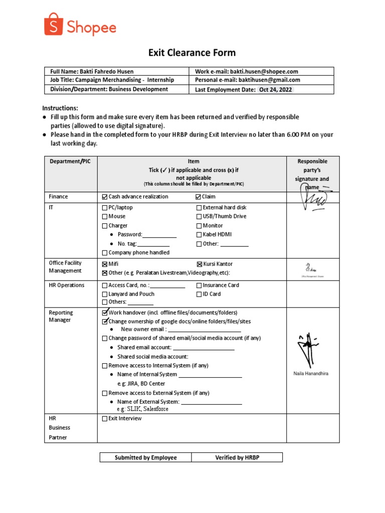 Exit Clearance Form - Bakti Fahredo Husen (Intern) - HRBP Signed | PDF ...