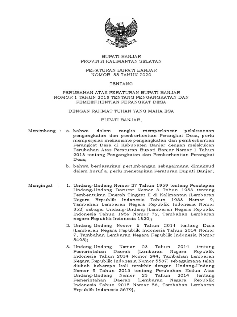 Perbup Nomor 55 Tahun 2020 Tentang Perubahan Perbup No 1 Tahun 2018 | PDF