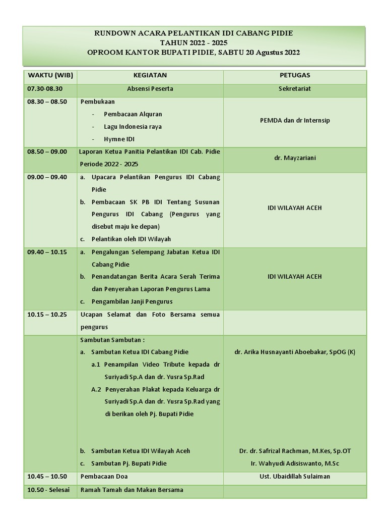 Rundown Acara Pelantikan IDI | PDF