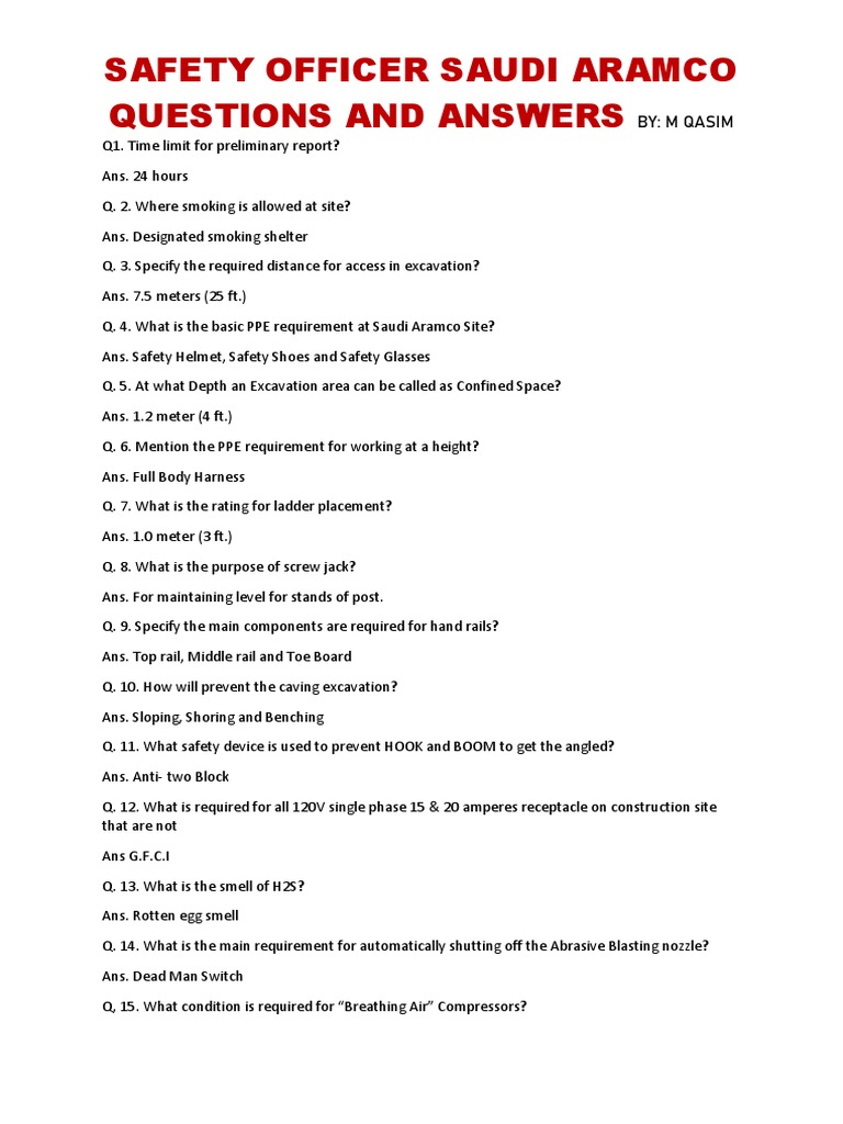 Safety Officer Saudi Aramco Questions and Answers PDF - HSE OFFICER ...