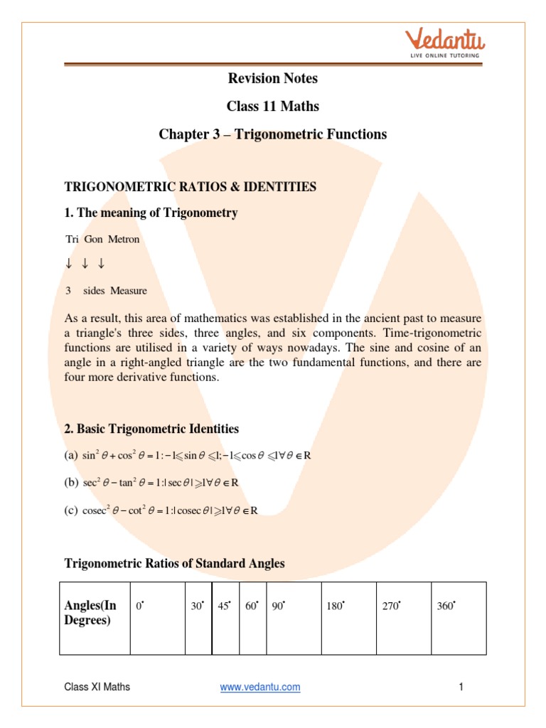 Class 11 Maths Revision Notes Trigonometric Functions | PDF