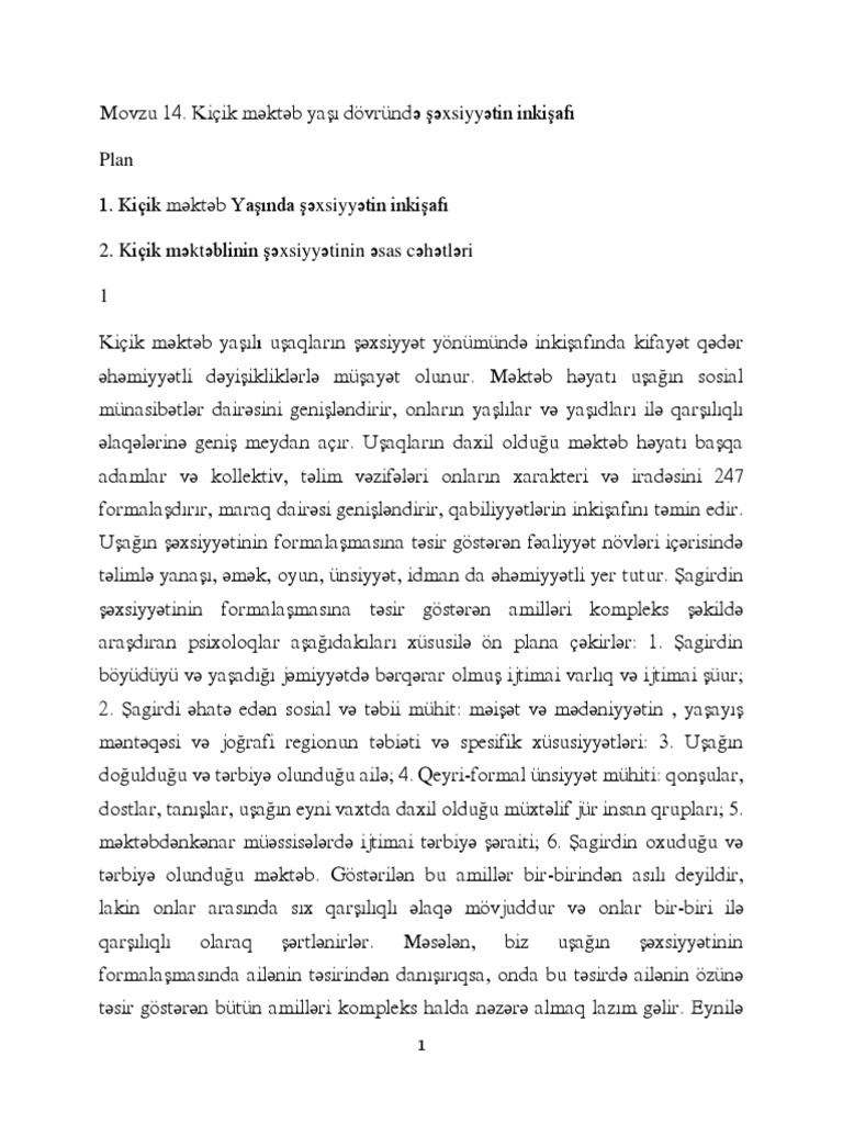 Kiçik Mekteb Yaşı Dövründe Şexsiyyetin Inkişafı | PDF