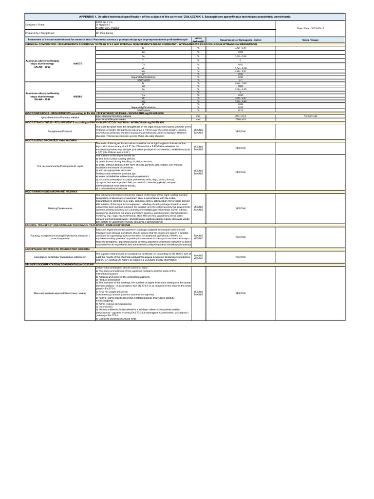 ZAŁĄCZNIK 1. Szczegółowa specyfikacja techniczna - APPENDIX 1. Detailed technical specification ...